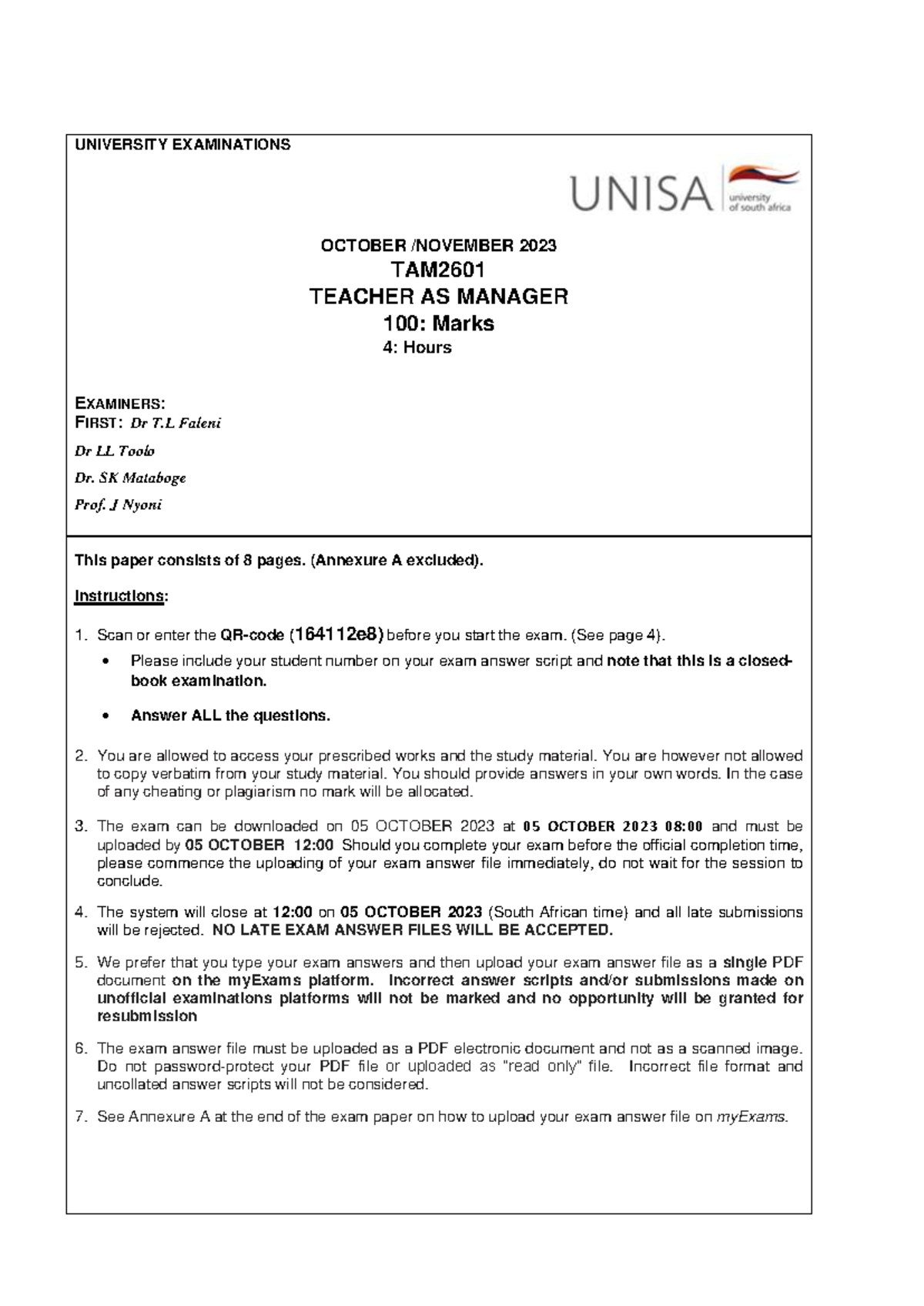 TAM2601 OCT/NOV 2023 Final Exam Paper Guidelines & Questions - Studocu