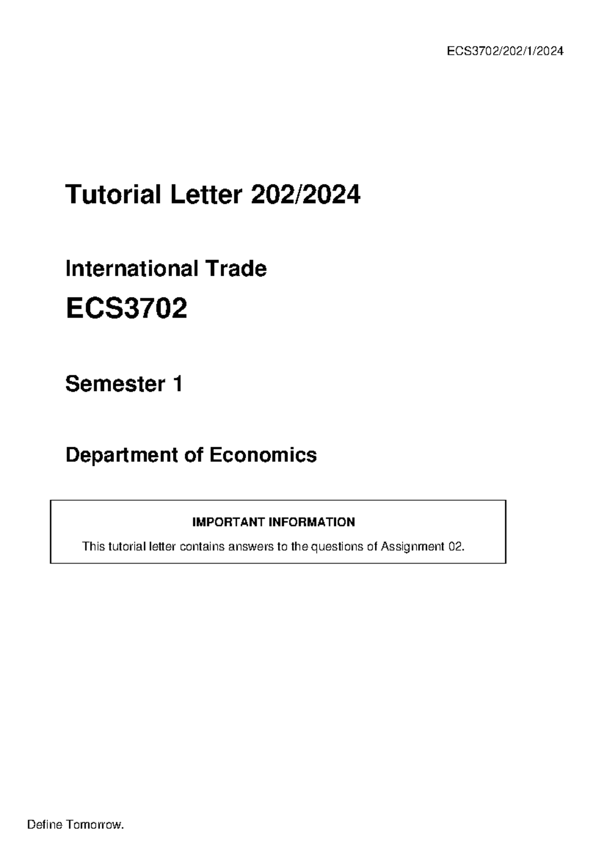 ECS3702 Tutorial Letter: International Trade Concepts & Exam Prep S1 ...