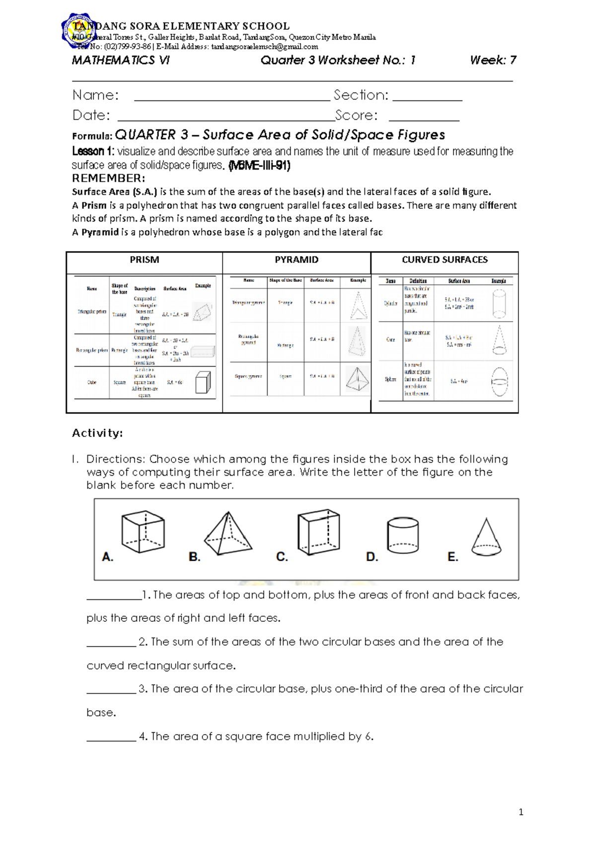 MATH 6 Quarter 3 WEEK 7 Worksheet and Written Task - #10 General Torres ...