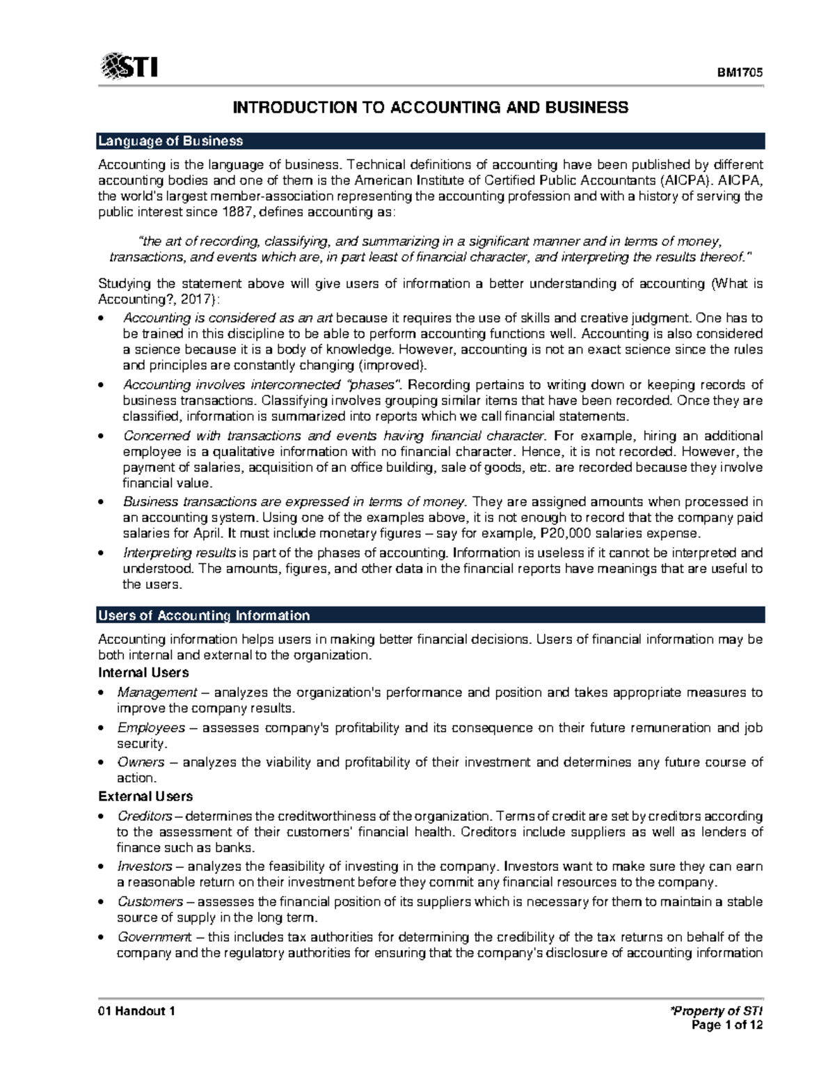 Handout for Basic Accounting - 01 Handout 1 *Property of STI INTRODUCTION TO ACCOUNTING AND ...