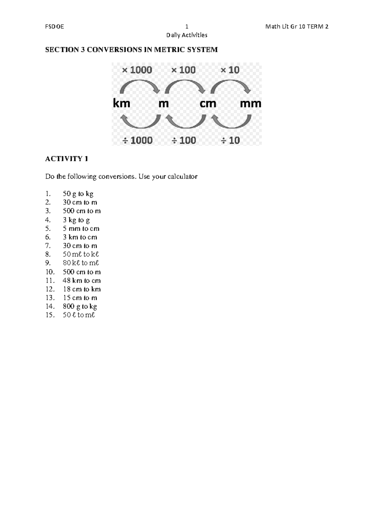 Grade 10 Daily Activities: Conversions, Time, Length & Mass ...