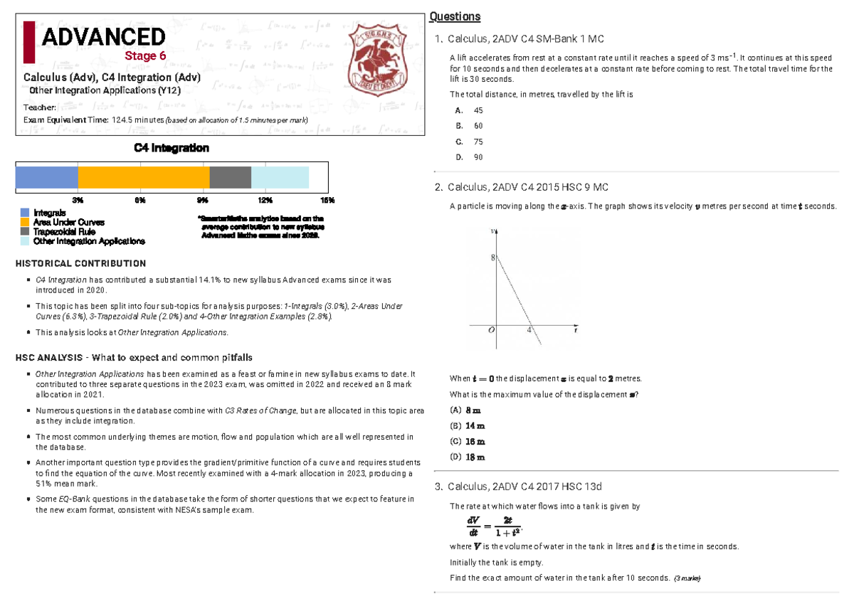 Advanced Calculus Applications: Integration Insights for 2ADV C4 - Studocu