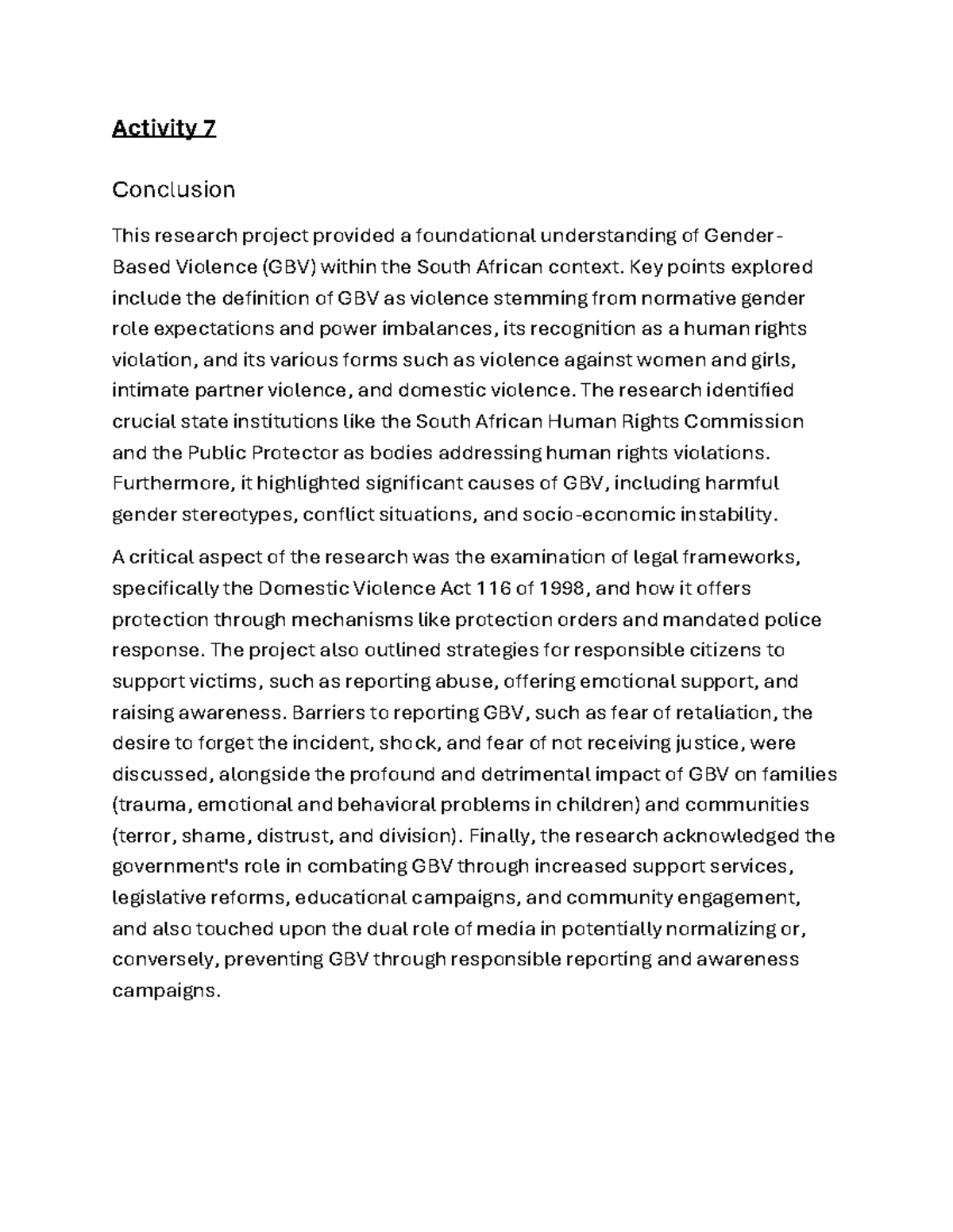 Activity 7 Conclusion: Understanding Gender-Based Violence in SA - GDGG ...