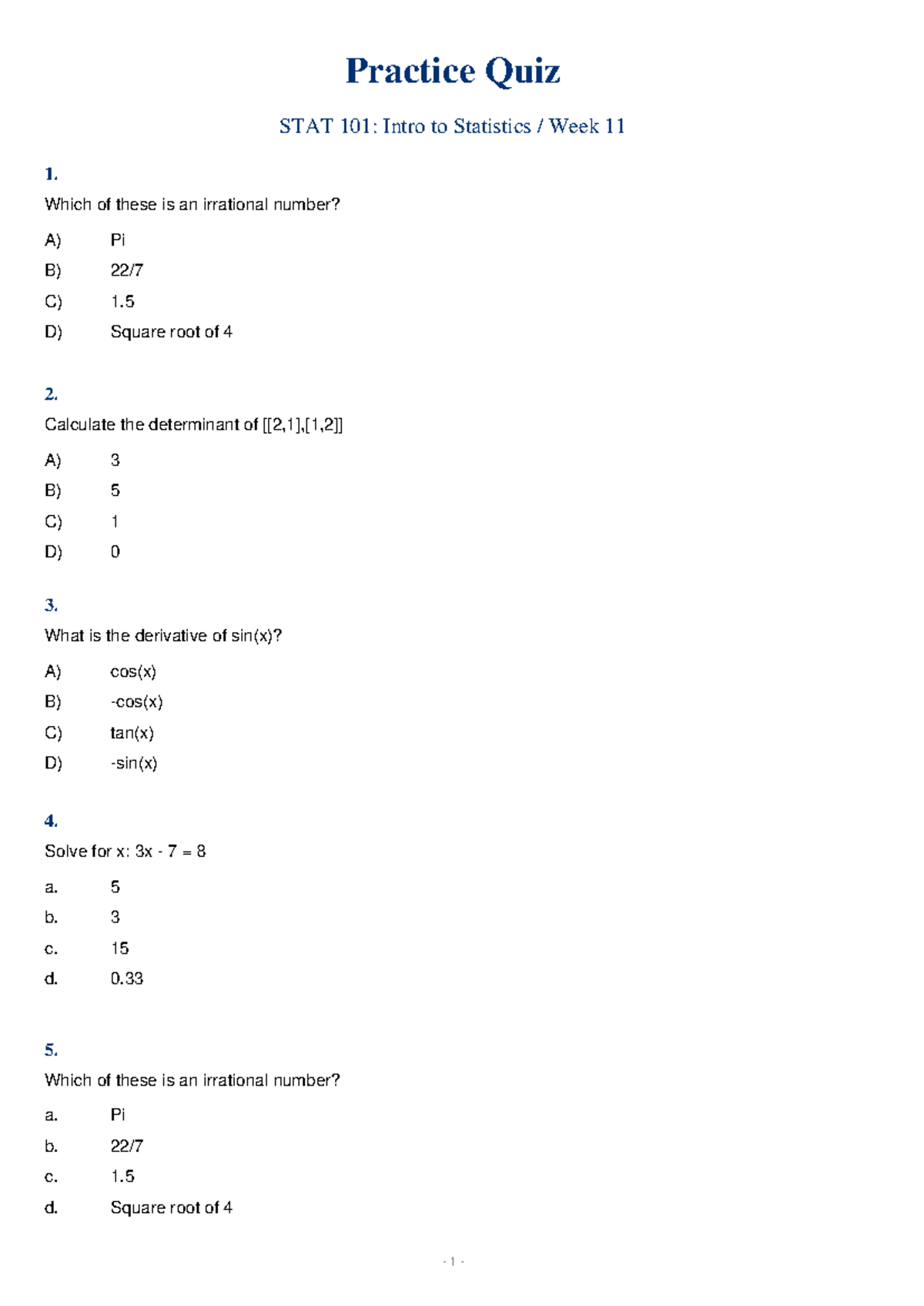 Practice Quiz STAT 101: Intro to Statistics Week 11 Review - Studocu