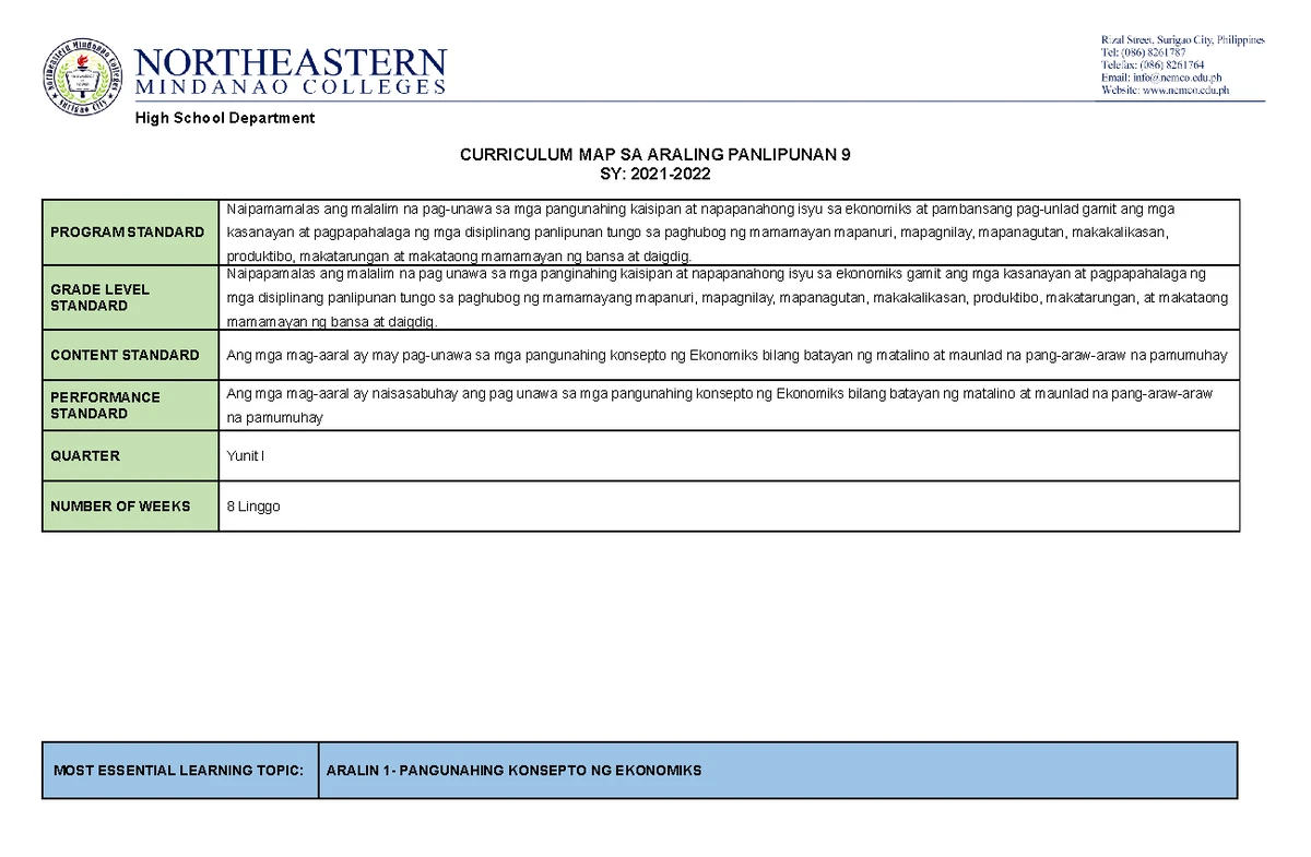 CM AP G9 - PEAC Template Curriculum Map in Araling Panlipunan 9 ...