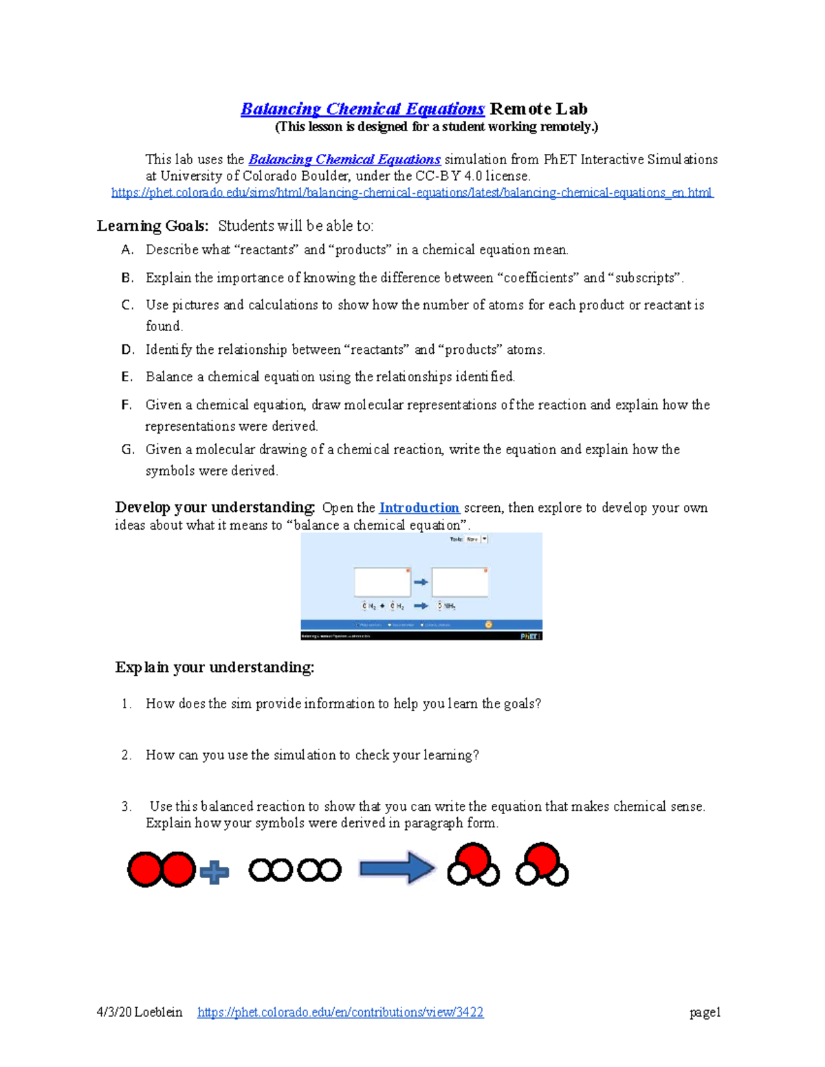 Balancing Chemical Equations Lab: PhET Simulation Guide - Studocu