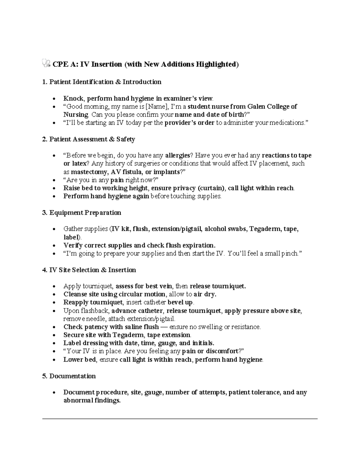 CPE A: IV Insertion, IVPB, and IVP Procedures with Highlights - Studocu