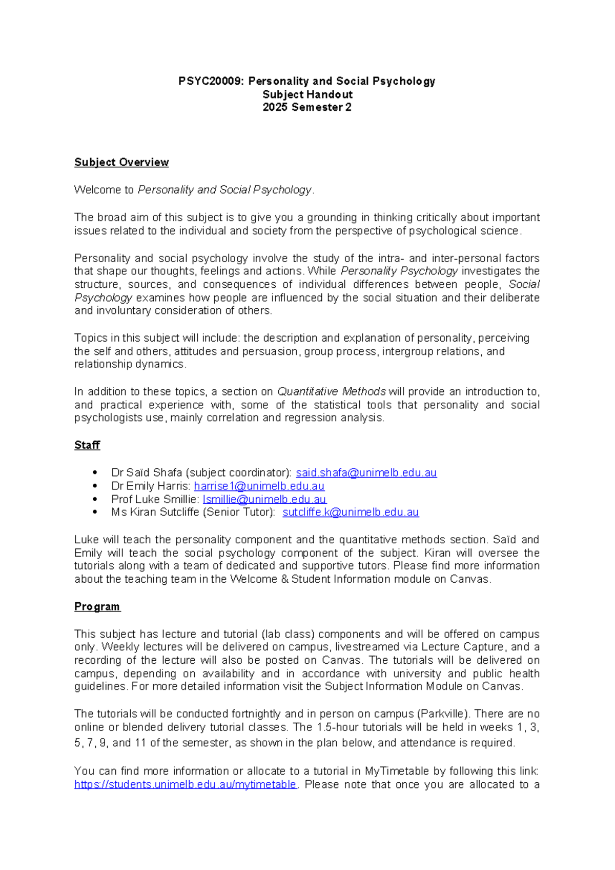 PSYC2000 9 Personality & Social Psychology Syllabus 2025 Sem 2 - Studocu