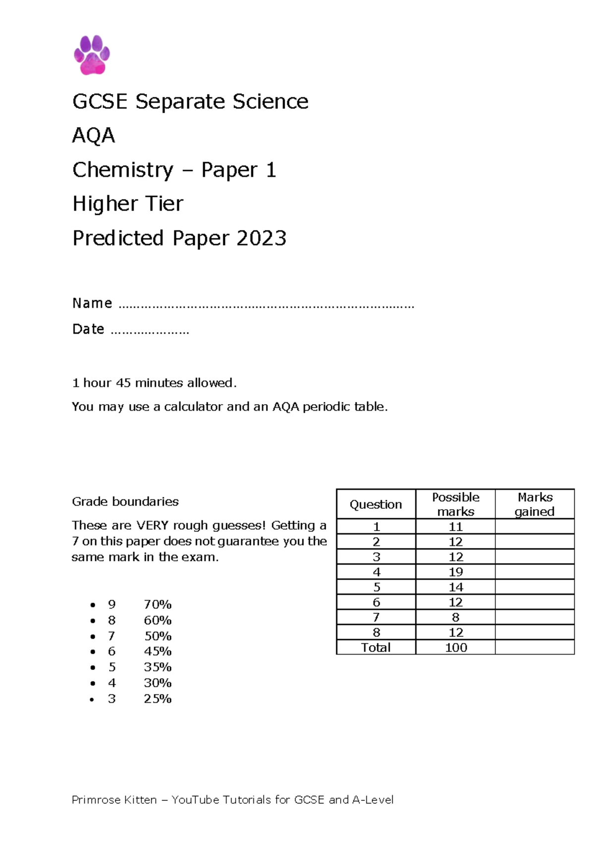 GCSE Chemistry AQA Predicted Paper 1 - Higher Tier 2023 - Studocu