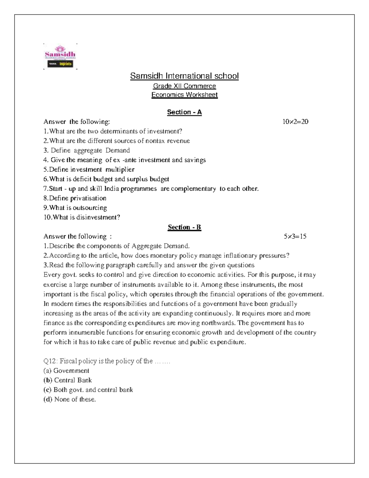Economics - Grade XII Commerce Worksheet: Key Concepts & Questions ...