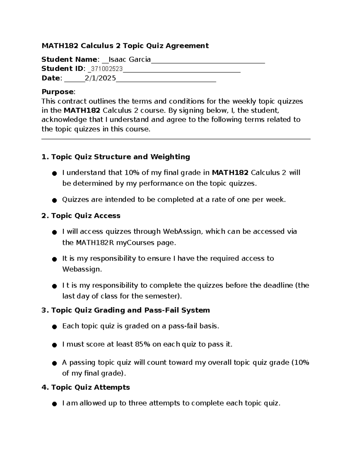 MATH182 Calculus 2 Topic Quiz Agreement and Responsibilities - Studocu