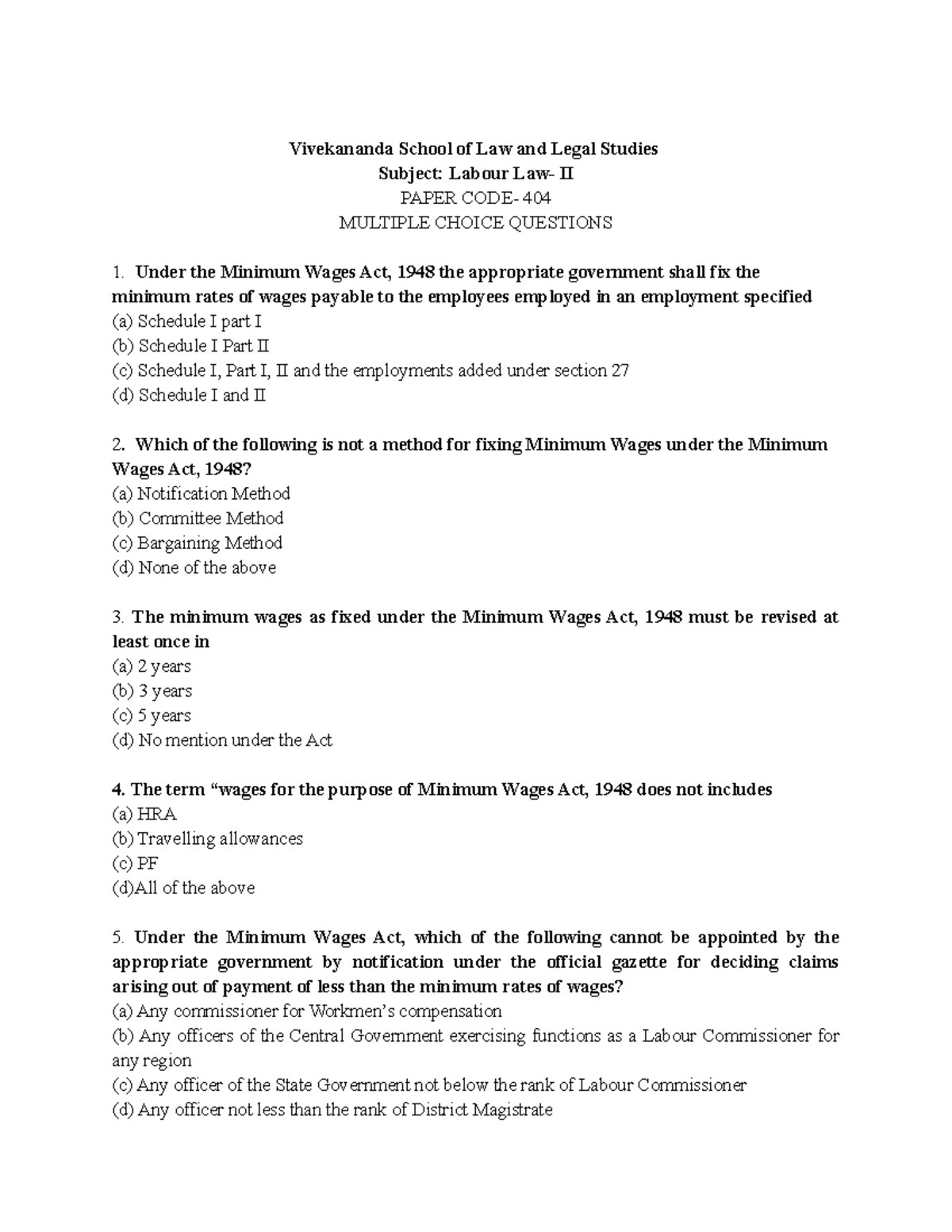Labour LAW MCQ and answers - Vivekananda School of Law and Legal ...