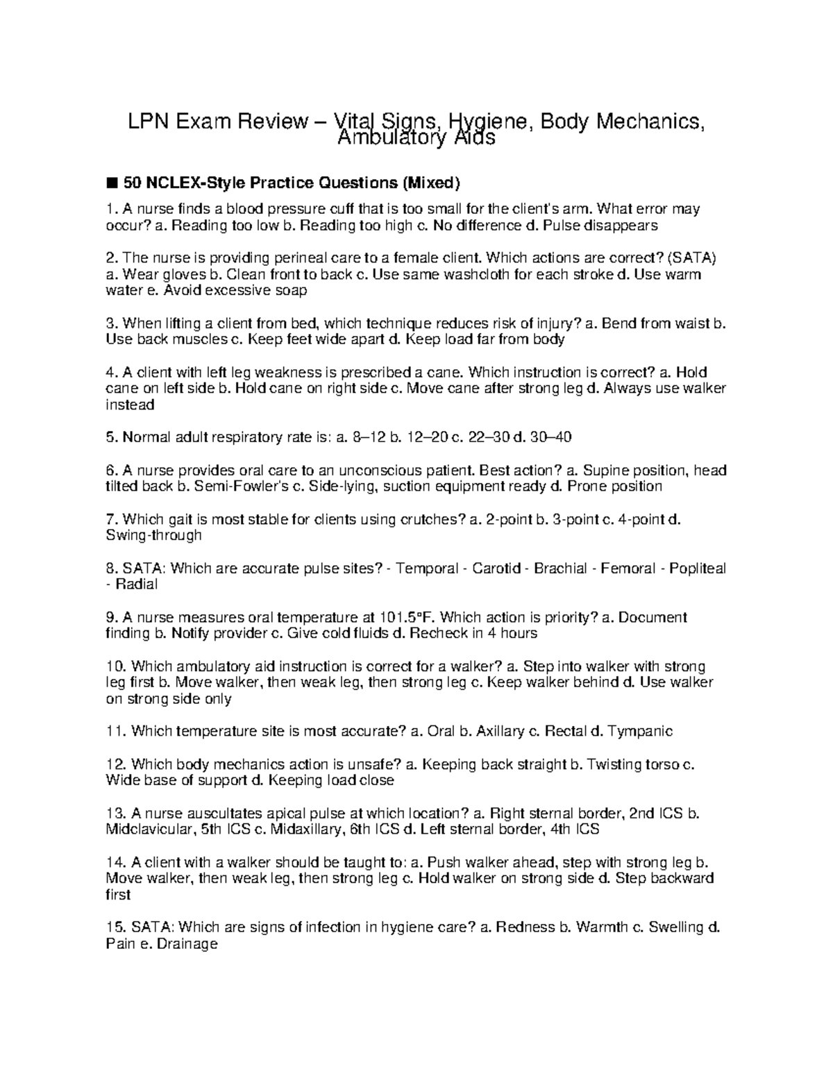 LPN Exam Review: Vital Signs, Hygiene & Body Mechanics Practice ...