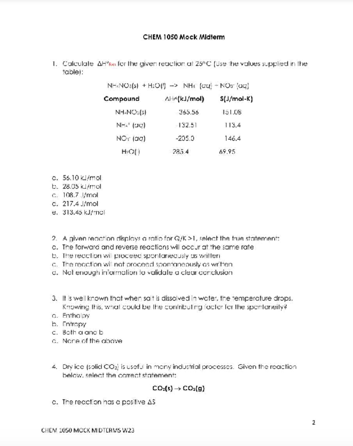 CHEM 1050 Mock Midterm 1 Study Guide and Practice Questions - Studocu