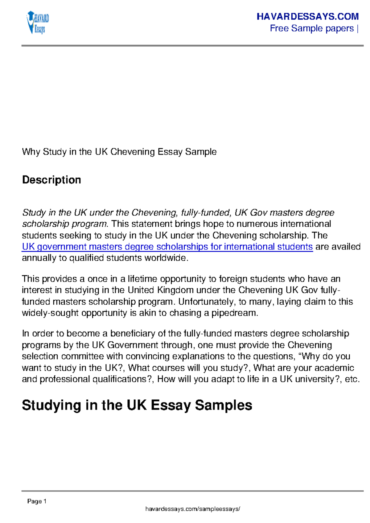 Why Study in the UK Chevening Essay Sample - Why Study in the UK ...