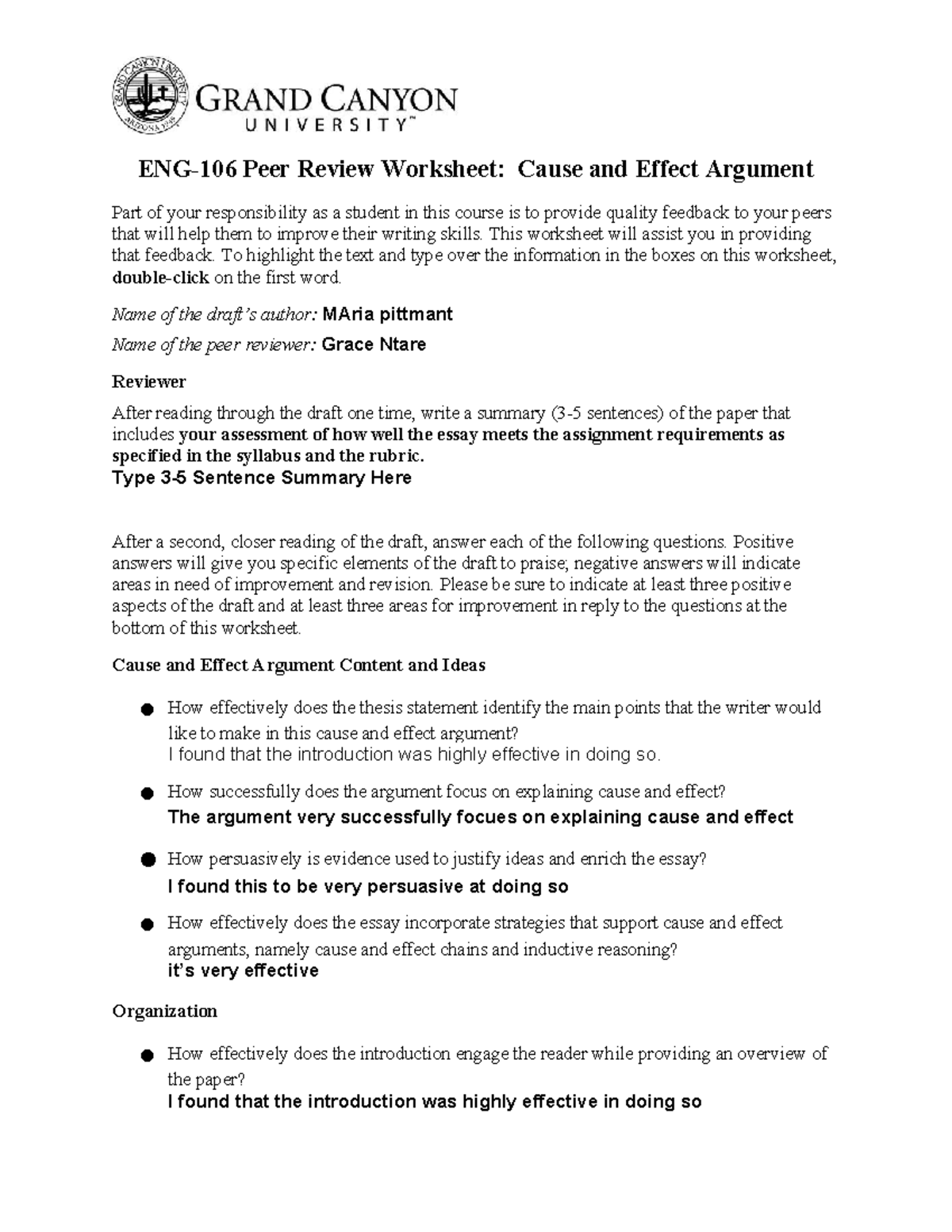 ENG-106 Cause and Effect Argument Peer Review Worksheet - Studocu