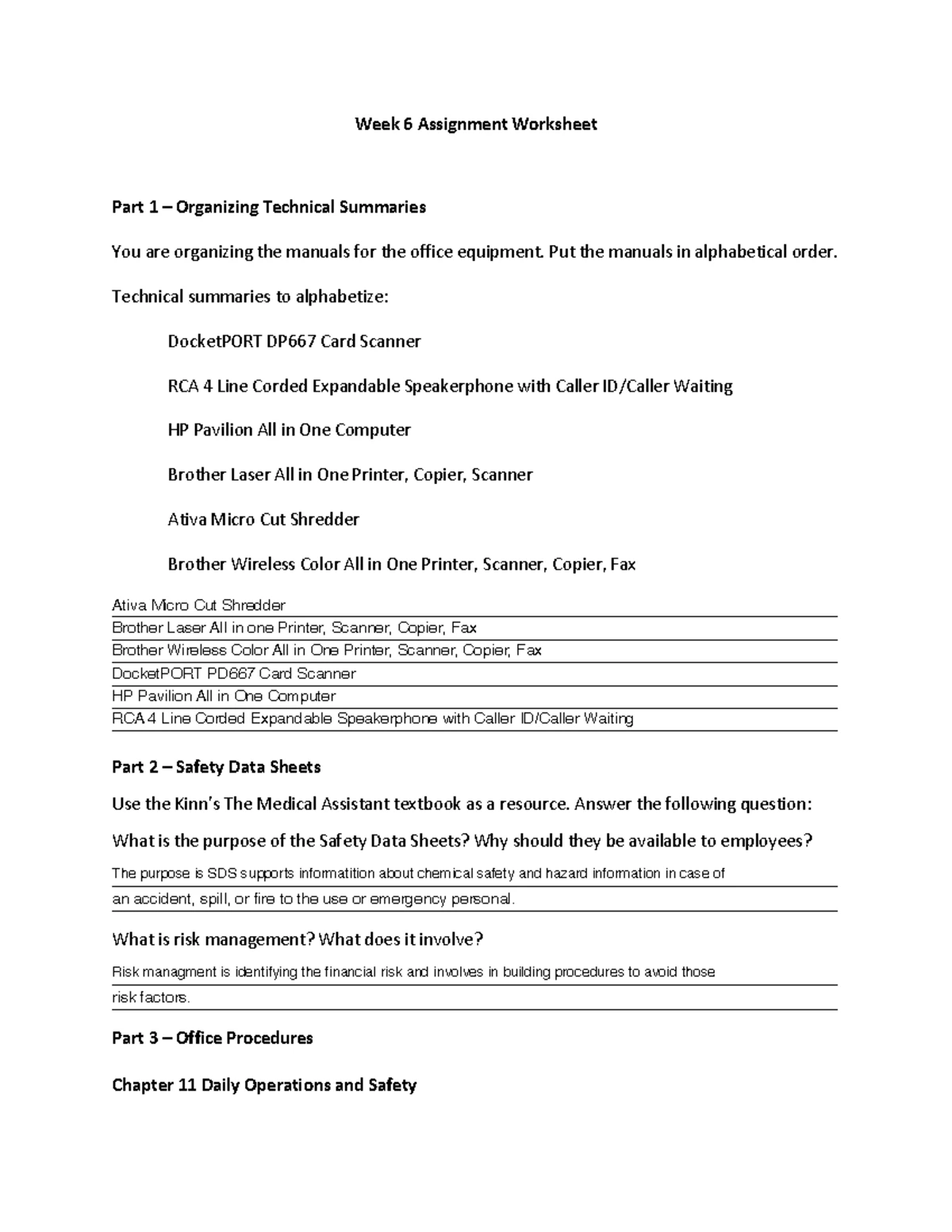 Week 2 Assignment Worksheet - MOA115 Medical Records and Insurance Week 2 Assignment Section A ...