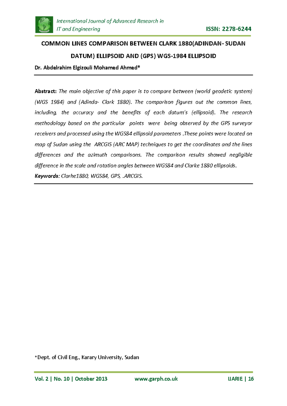 Comparative Analysis of Modified Clarke 1880 and WGS 84 Datums - Studocu