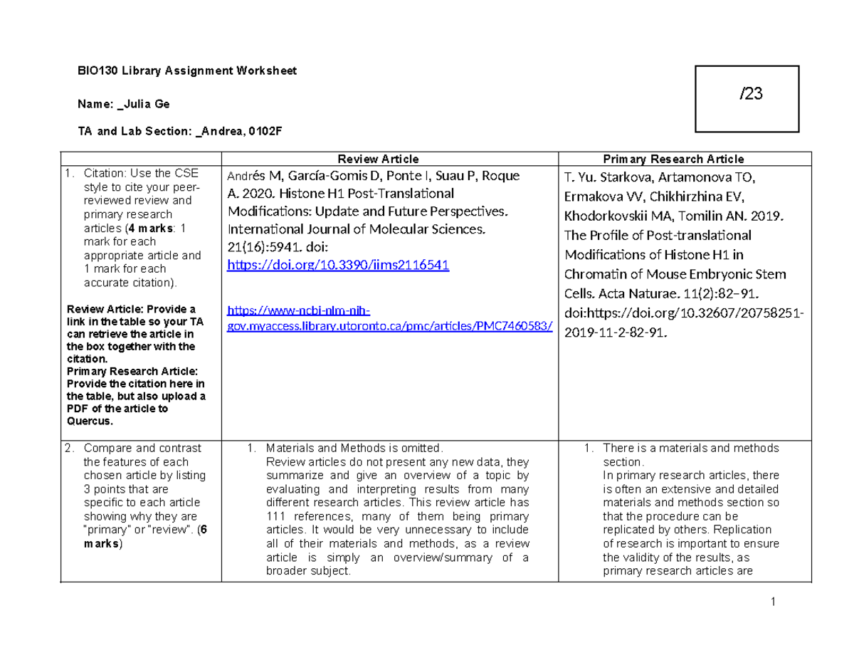 BIO130 Library Assignment: Comparing Review & Primary Research Articles ...