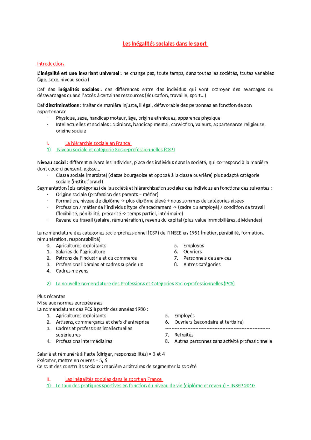 Les inégalités sociales dans le sport : Analyse et enjeux (CSP) - Studocu