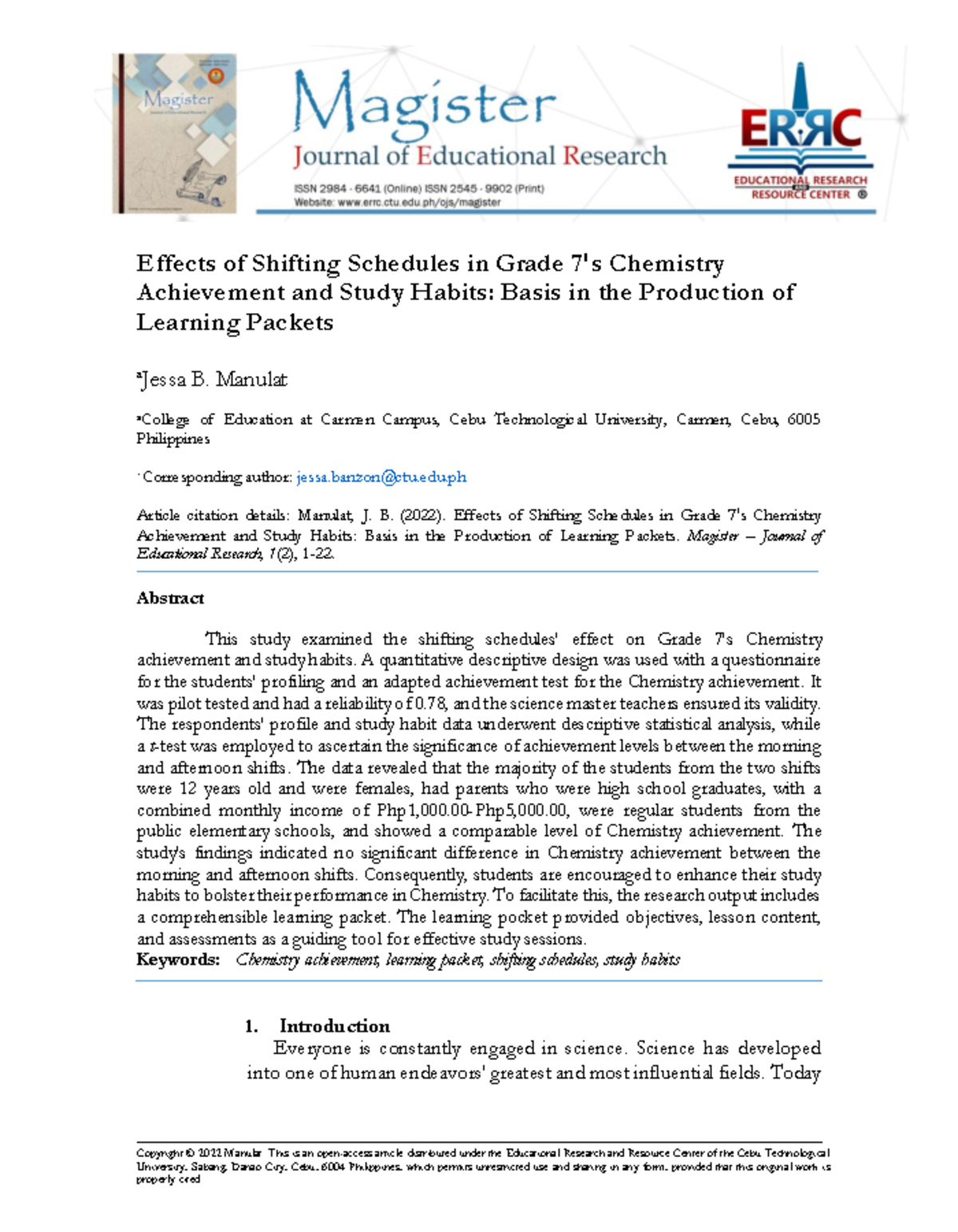 CTU-EDU 29-Effects of Shifting Schedules on Grade 7 Chemistry ...