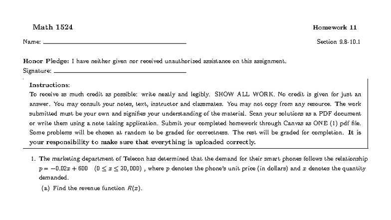 Math 1524 Homework 11: Revenue & Cost Functions Analysis - Studocu