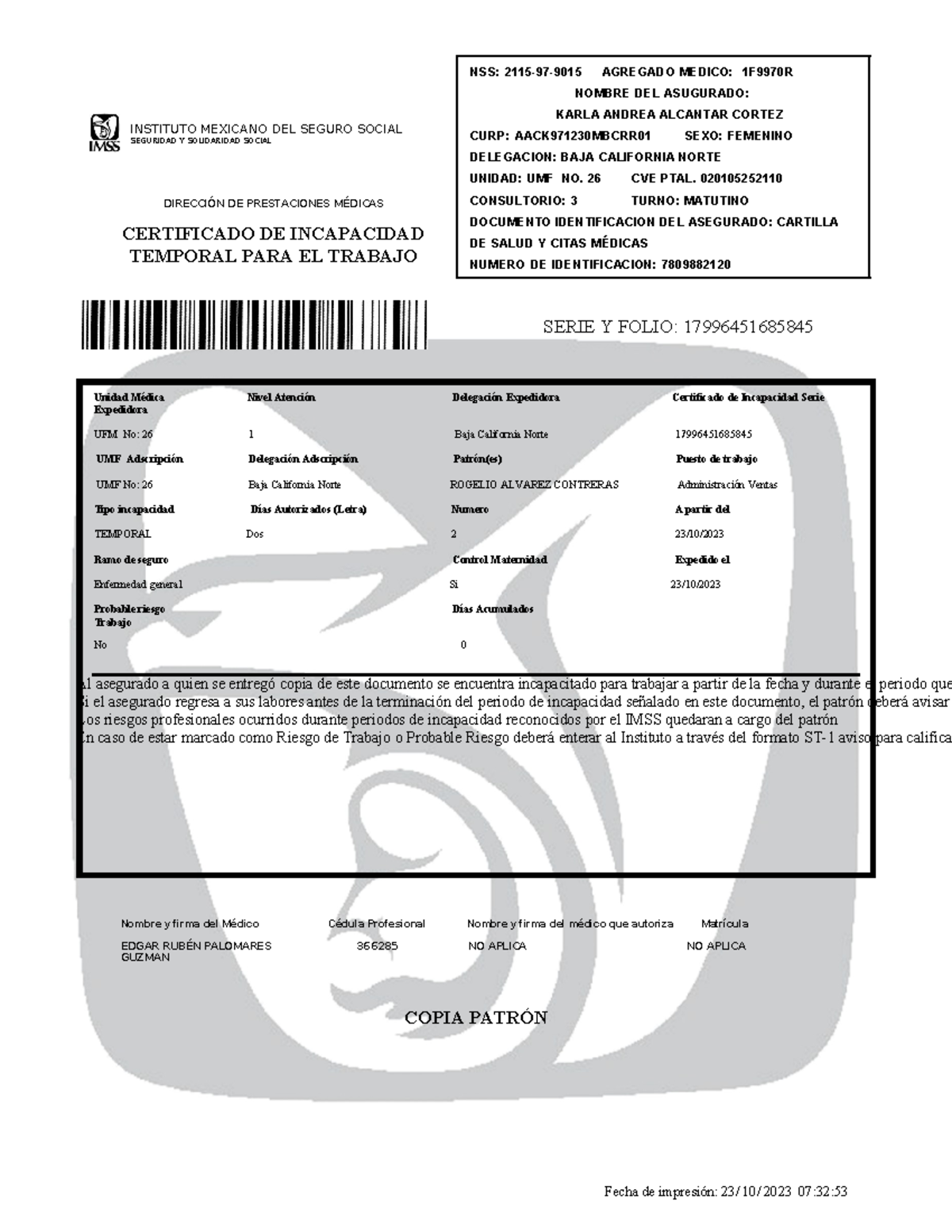 Formato de Certificado de Incapacidad IMSS Editable Word - Studocu