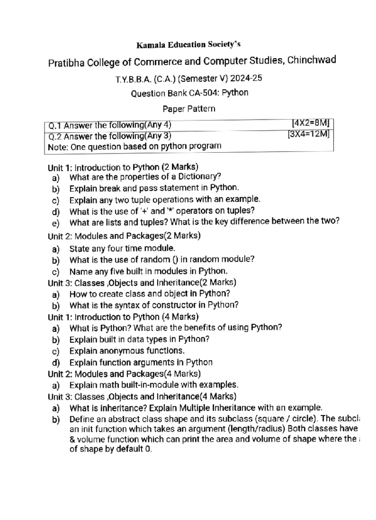 T.Y.B.B.A. (C.A.) Sem V 2024-25: CA-504 Python Question Bank - Studocu