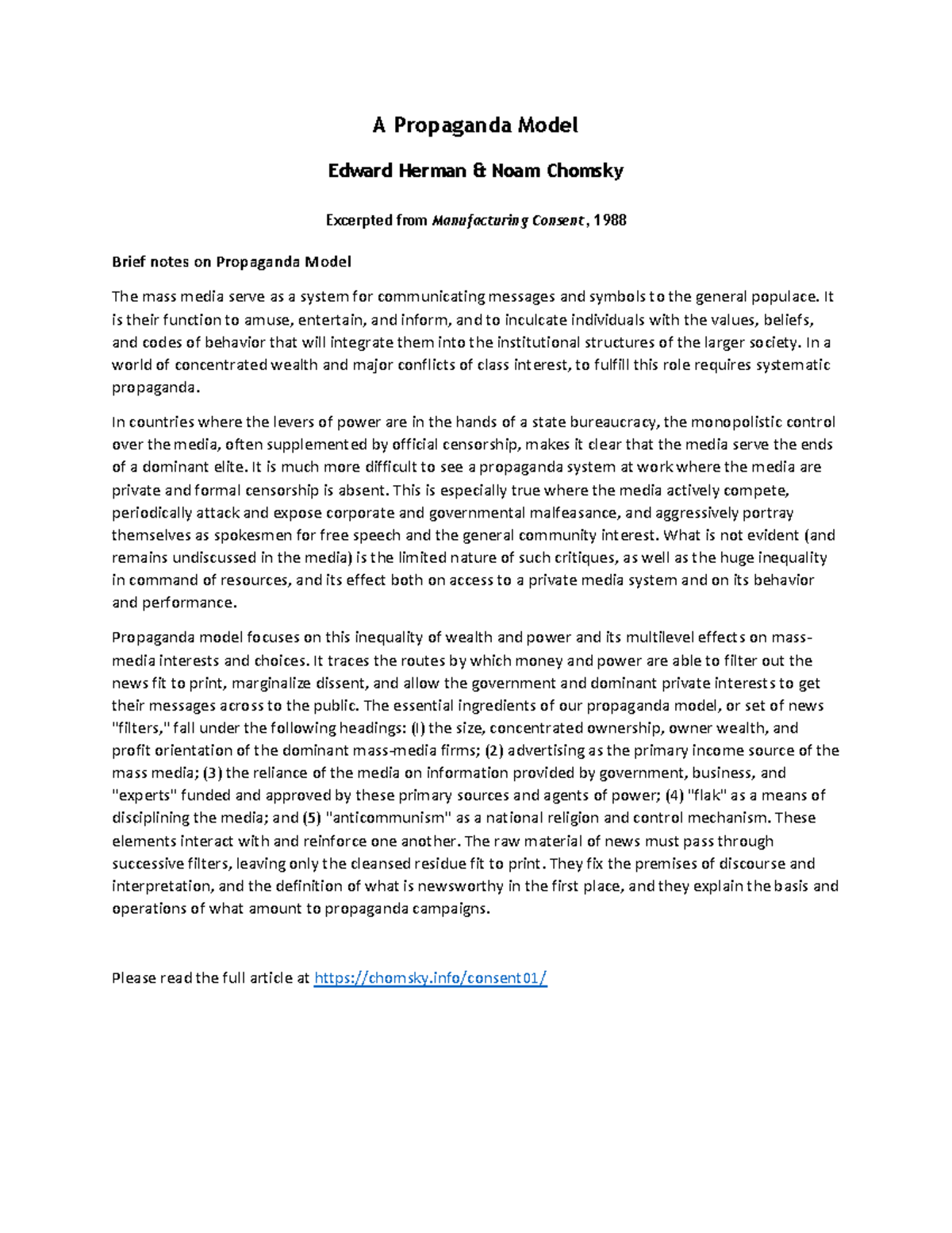 Analysis of the Propaganda Model from Manufacturing Consent (H&C) - Studocu