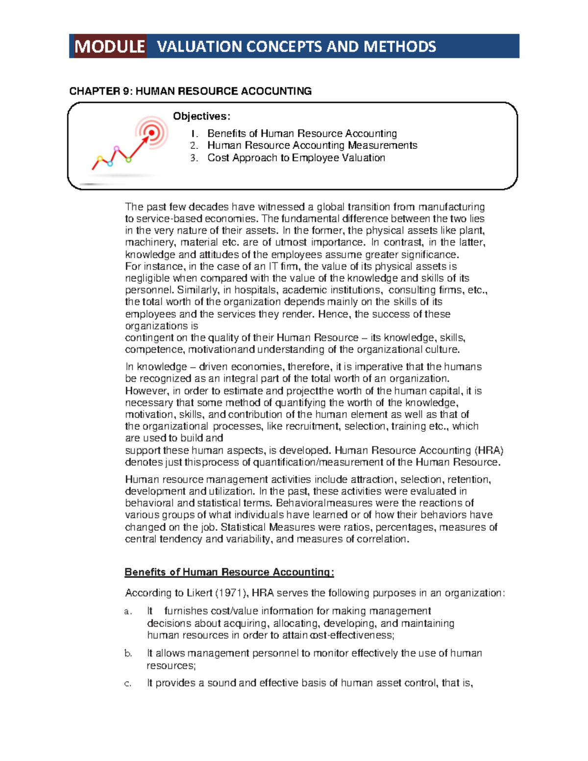 Chapter 9 - Human Resource Accounting: Valuation Concepts & Benefits - Studocu