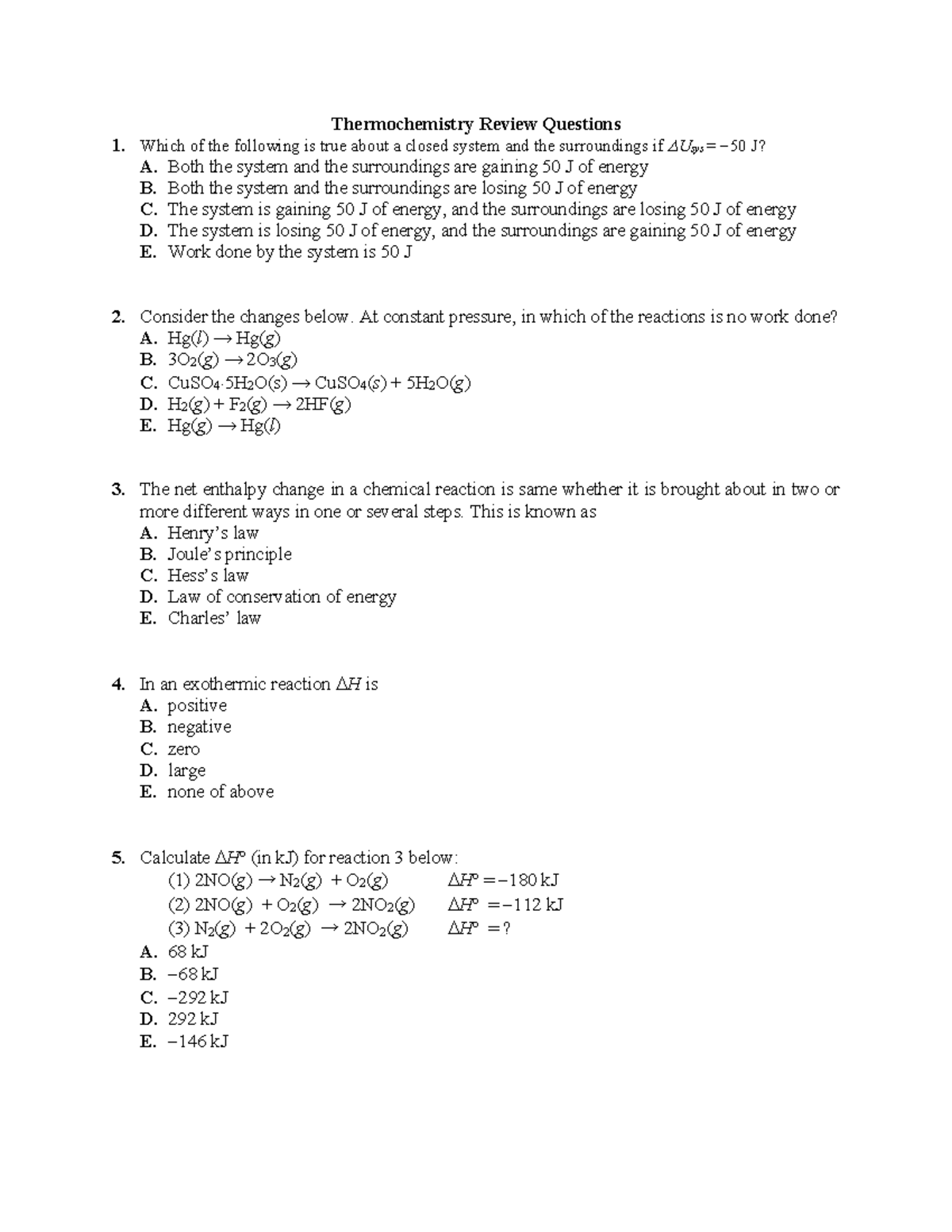 Thermochemistry Review Questions for Exam Preparation - Studocu