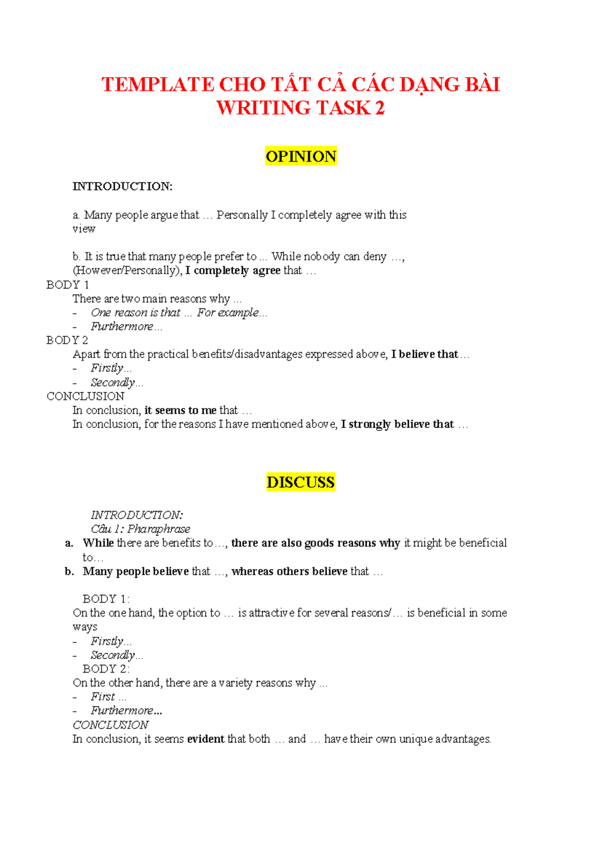 Template CÁC DẠNG BÀI Writing TASK 2 - TEMPLATE CHO TẤT CẢ CÁC DẠNG BÀI ...