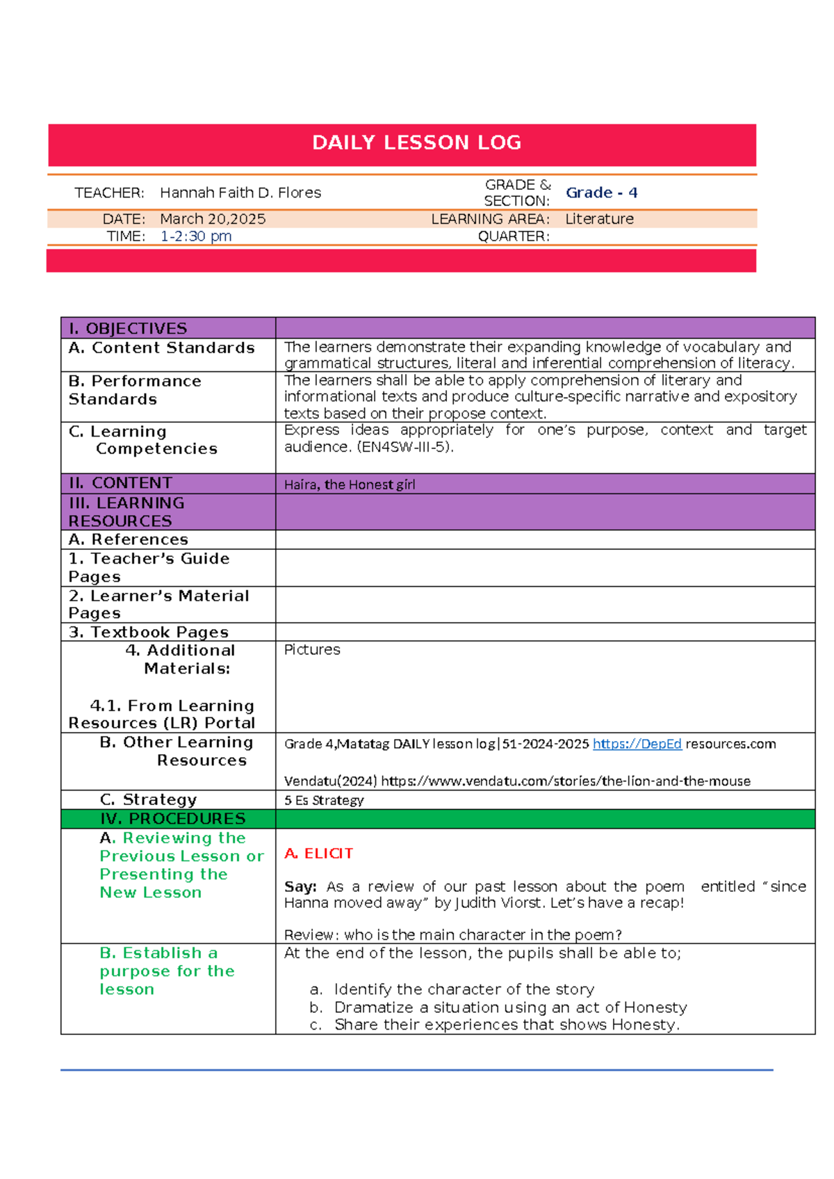 English literature - DAILY LESSON LOG TEACHER: Hannah Faith D. Flores ...