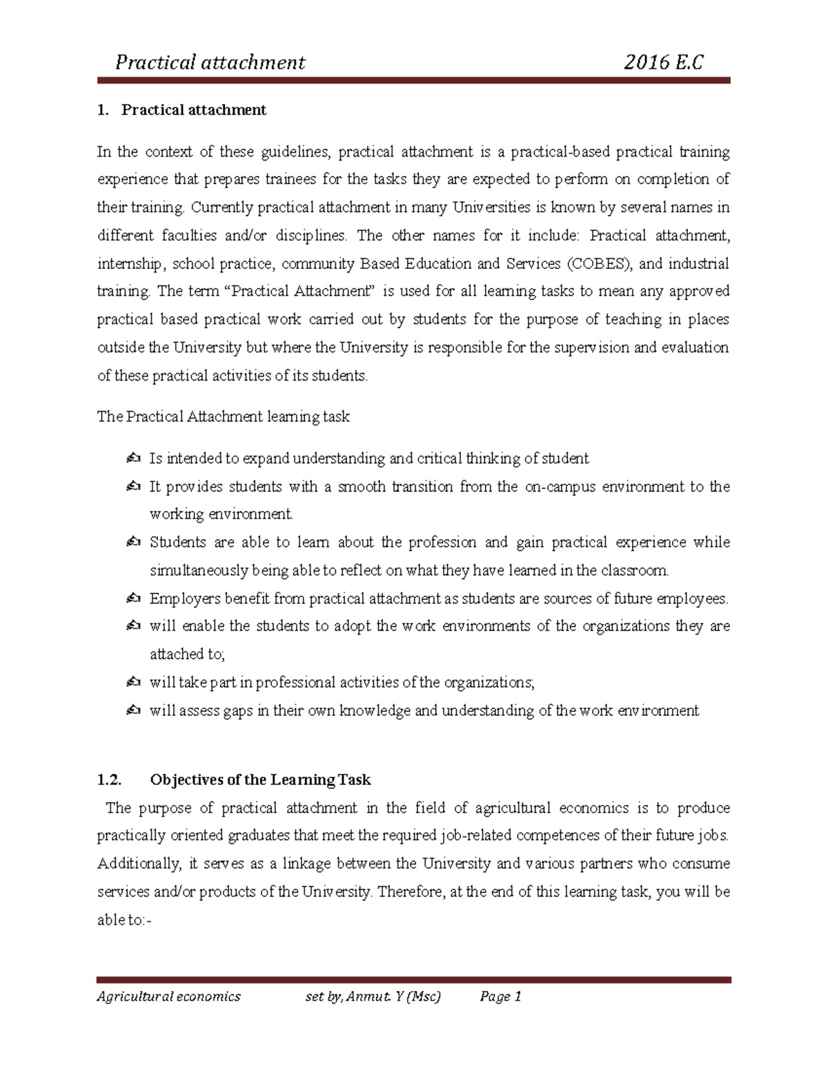Agricultural Economics Practical Attachment Guidelines: TASK Report - Studocu