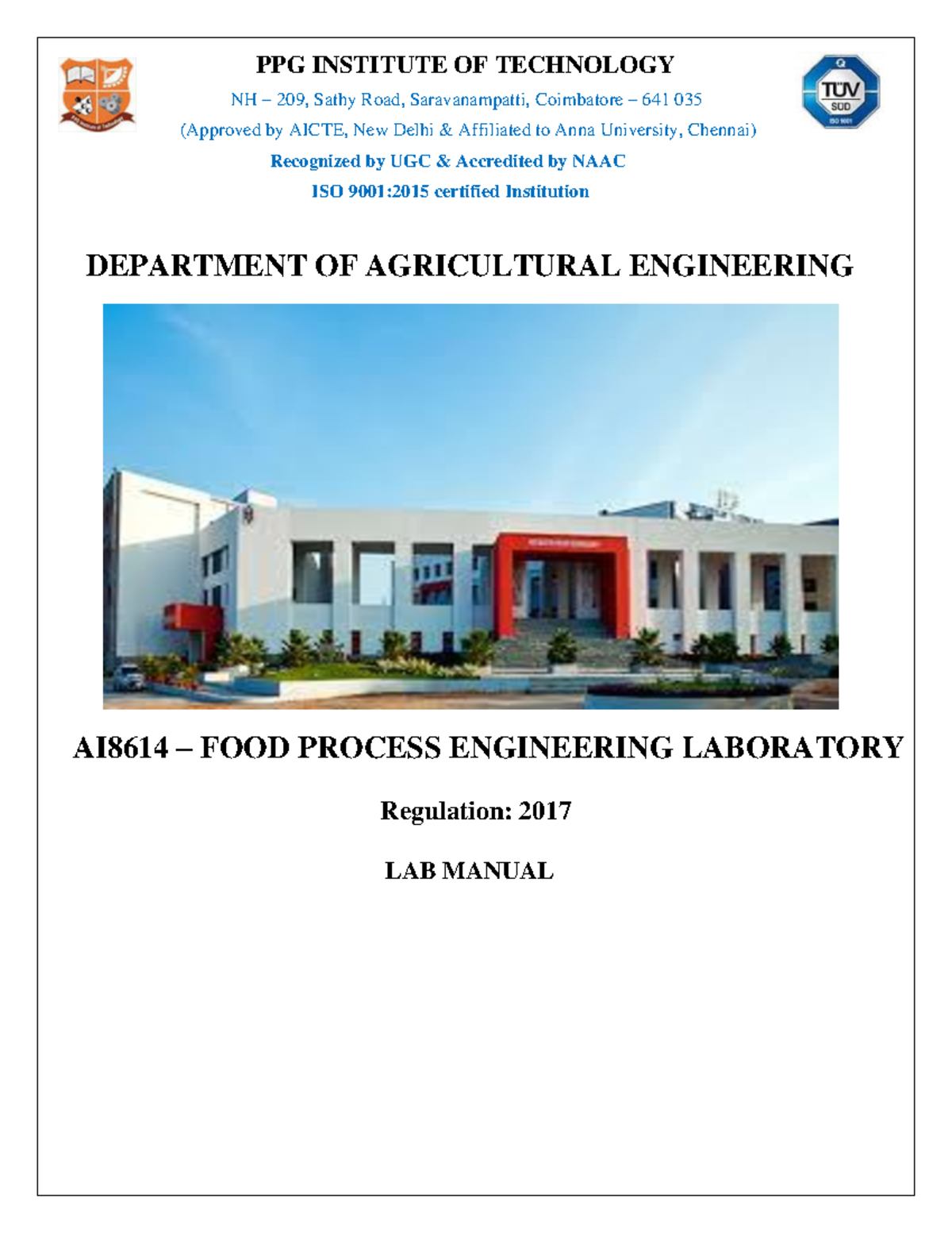 AI8614 Food Process Engineering Lab Manual: Experiments & Procedures ...