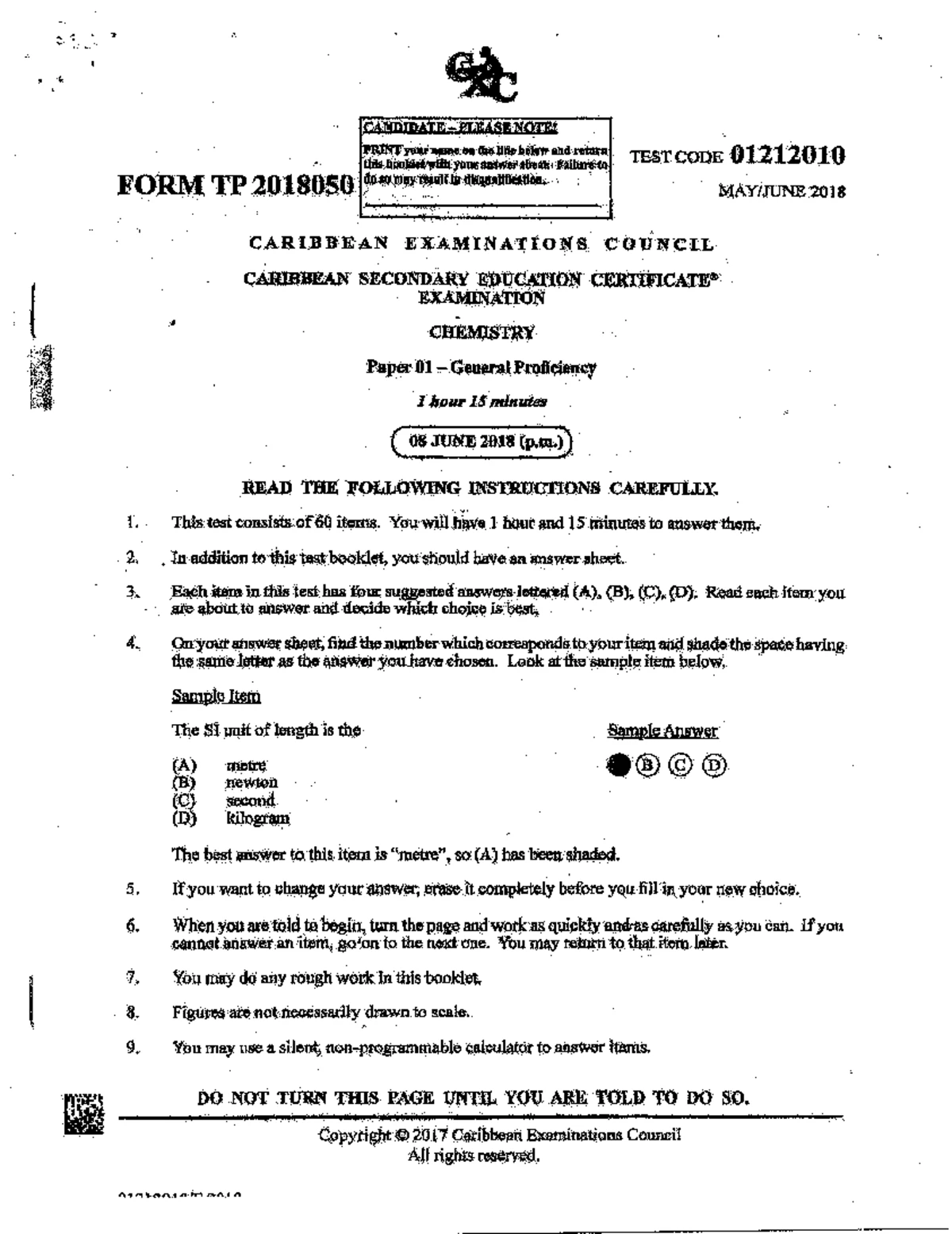 CSEC Chemistry Paper 01 General Proficiency Exam 2020 - Studocu