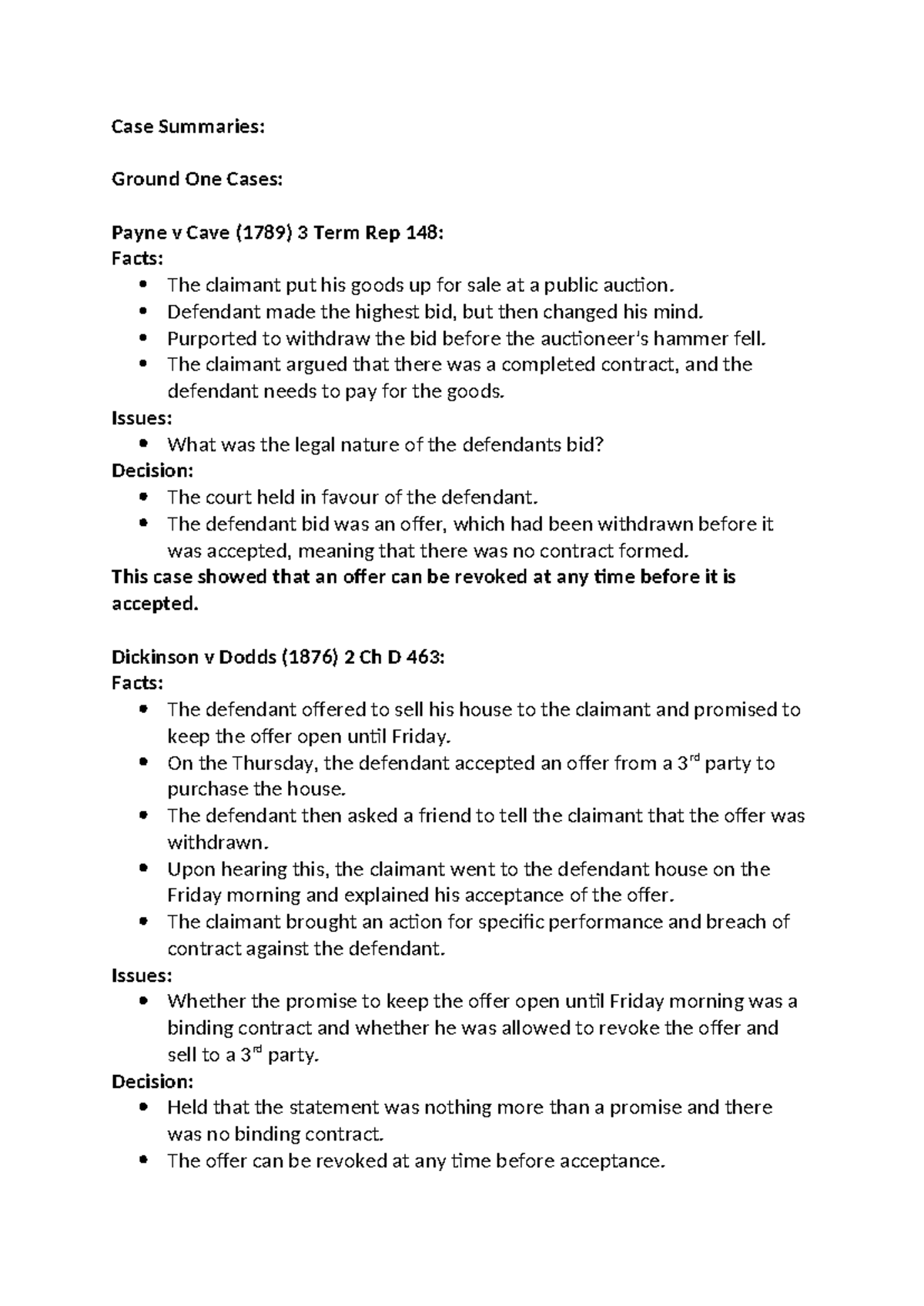 Case Summaries: Key Legal Principles from Contract Law Cases - Studocu
