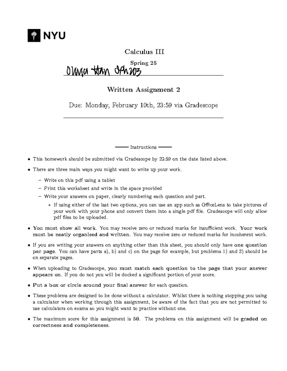 Spring 2025 Calculus III Homework 1 - Calculus III Spring 25 Written ...