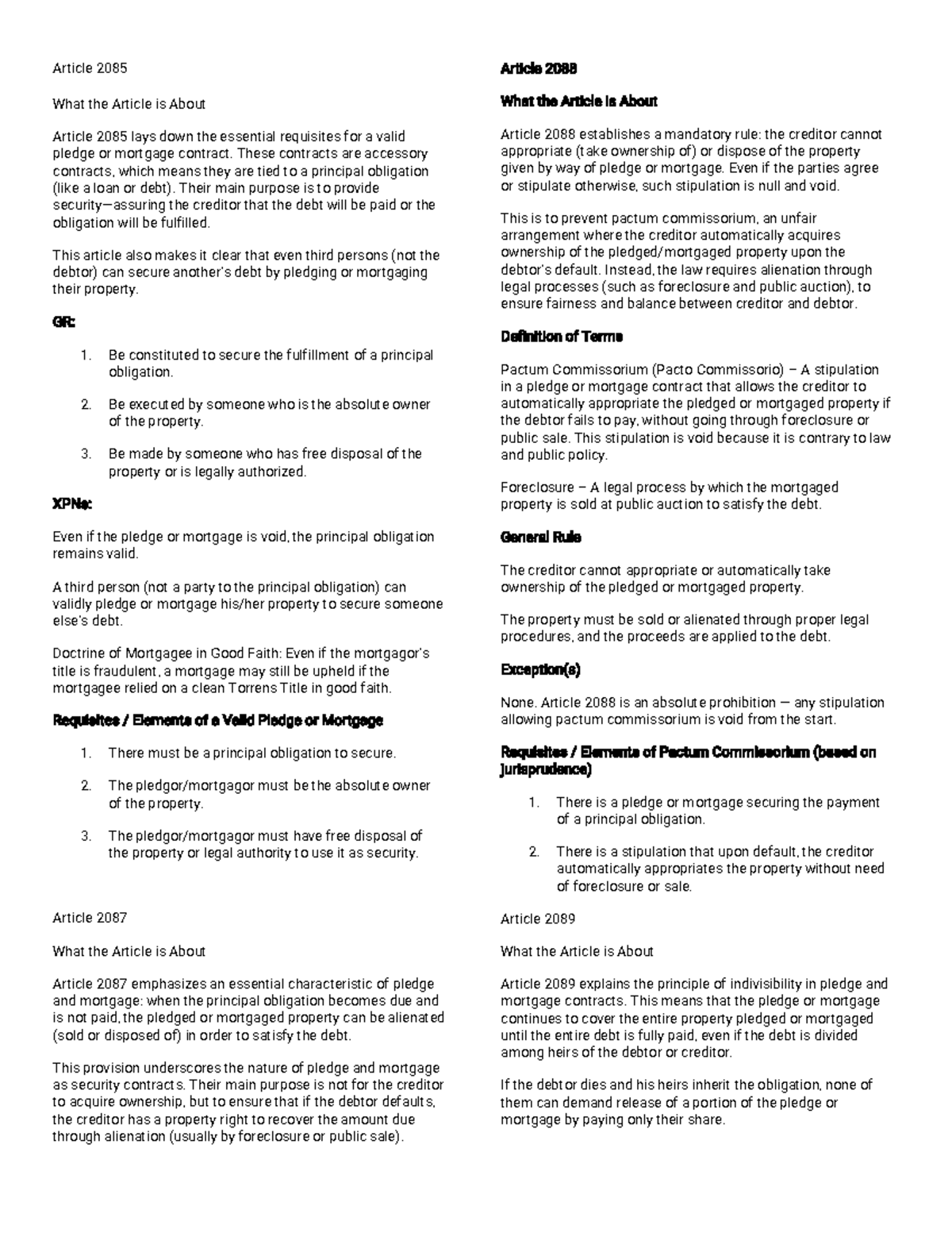 Articles 2085-2099: Key Concepts of Pledge and Mortgage Contracts - Studocu