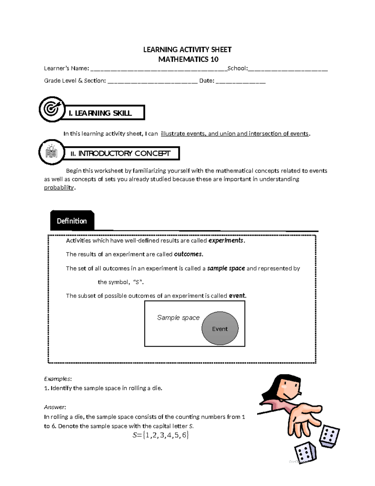 MATH10 Q4 Union and Intersection of Events Activities Guide - Studocu