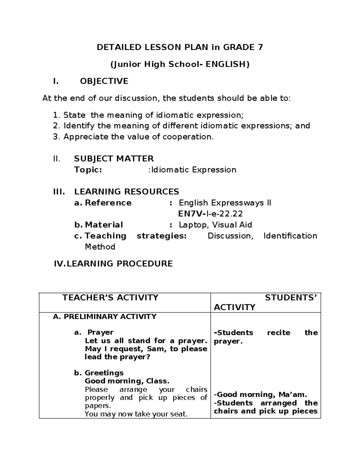 465105414 Detailed Lesson PLAN in Grade 7 - DETAILED LESSON PLAN in ...