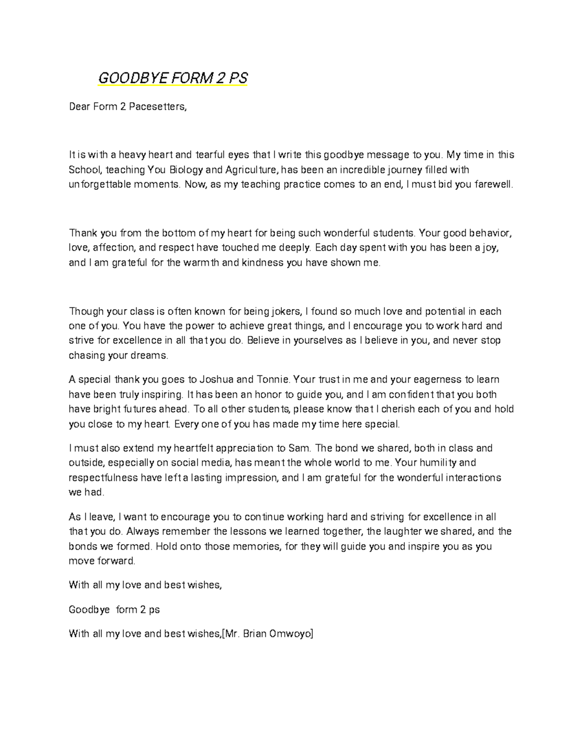 Goodbye FORM 2-WPS Office - GOODBYE FORM 2 PS Dear Form 2 Pacesetters ...