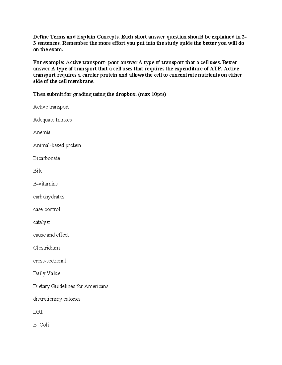 Exam 1 Study Guide: Define Terms & Explain Concepts for Nutrition - Studocu