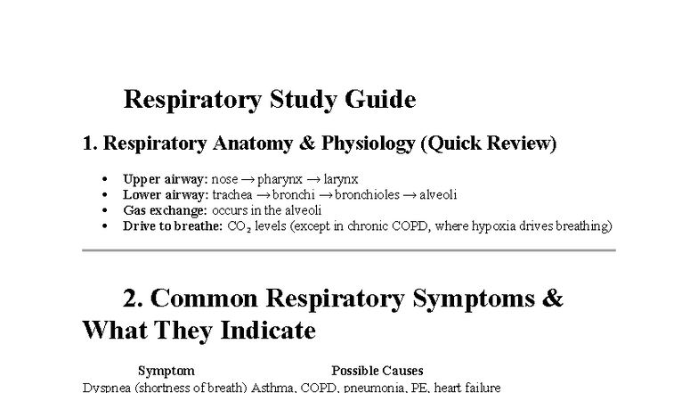 Respiratory Study Guide 1: Anatomy, Symptoms & Disorders Overview - Studocu