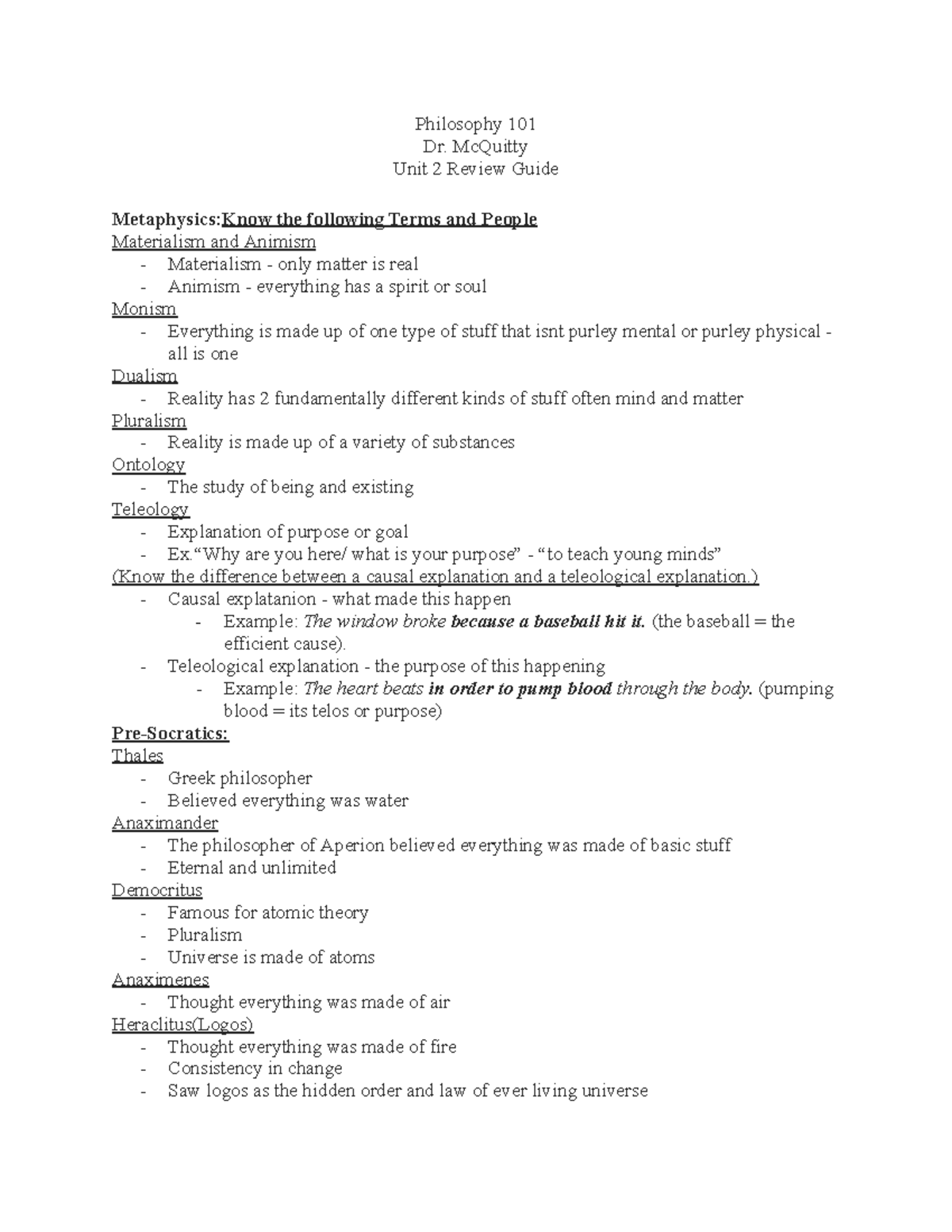 Philosophy 101 Unit 2 Review Guide: Metaphysics & Key Thinkers - Studocu