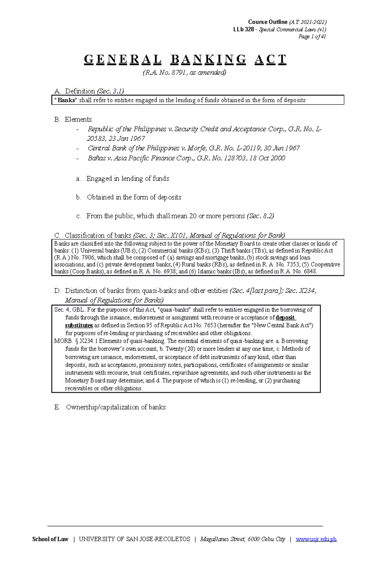 1 Notes General Banking Law - Course Outline (A. 2021-2022) LLb 328 ...