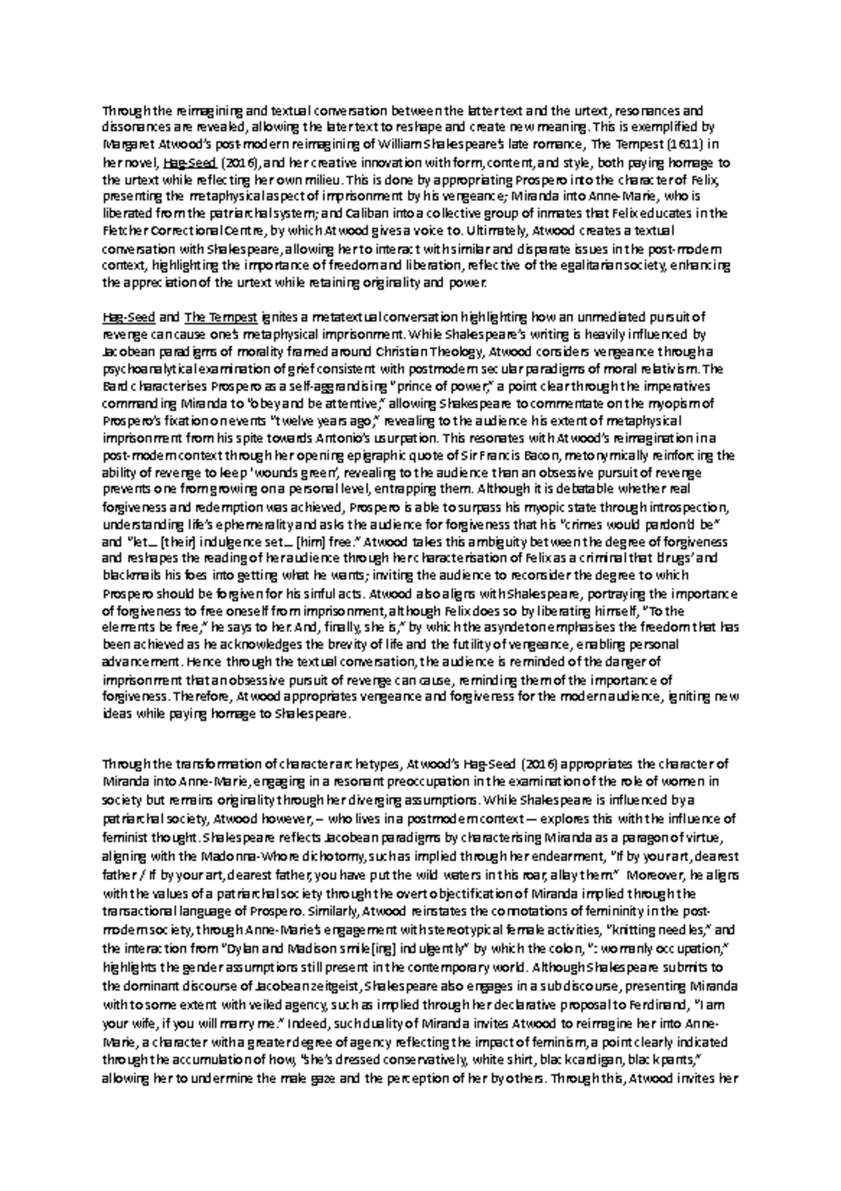 ENG 101 Mod A: Literary Analysis of Atwood's Hag-Seed vs Shakespeare's ...