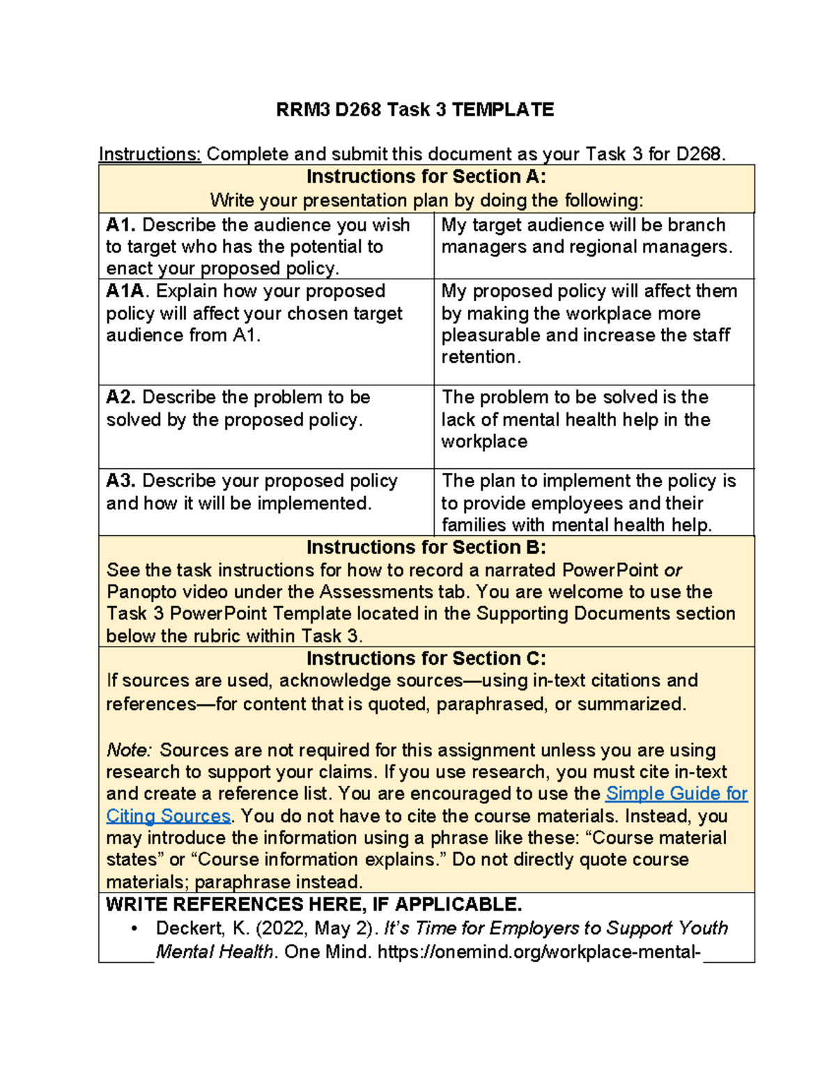 RRM3 D268 Task 3 - Presentation Plan for Mental Health Policy - Studocu