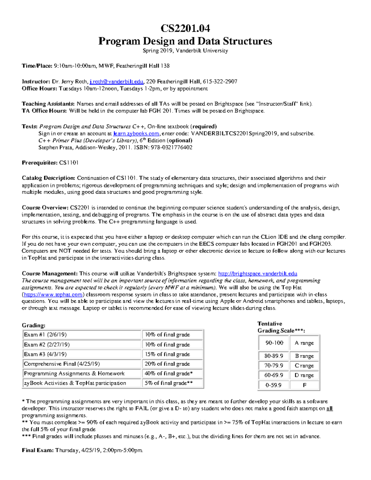 CS2201 Spring 2019 Syllabus: Program Design & Data Structures - Studocu