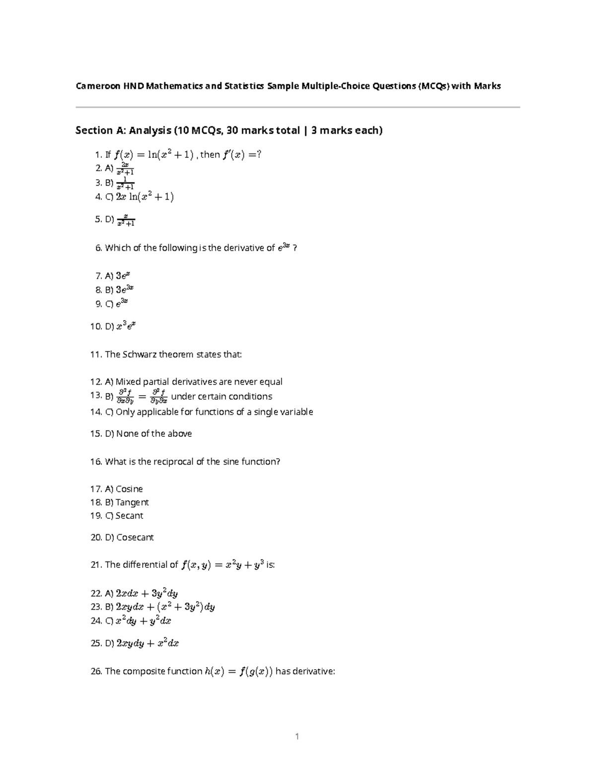 Cameroon HND Mathematics & Statistics MCQs Sample Questions - Studocu